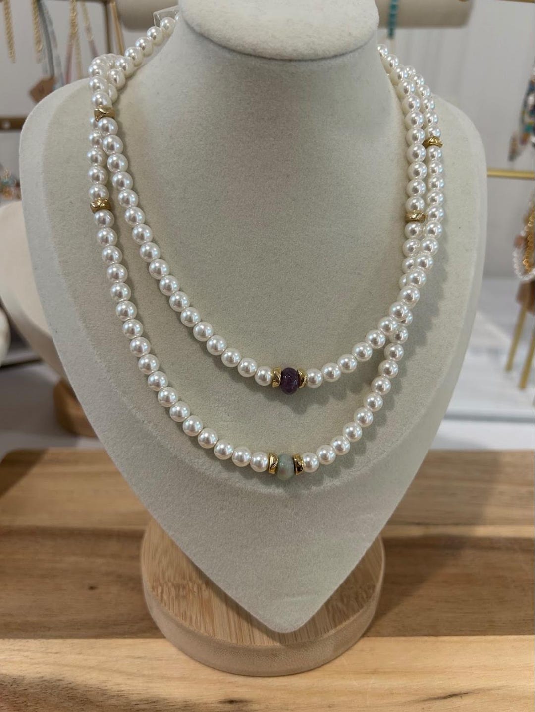 Layered Pearl Necklace With Natural Stone Accents | Double Strand Pearl ...