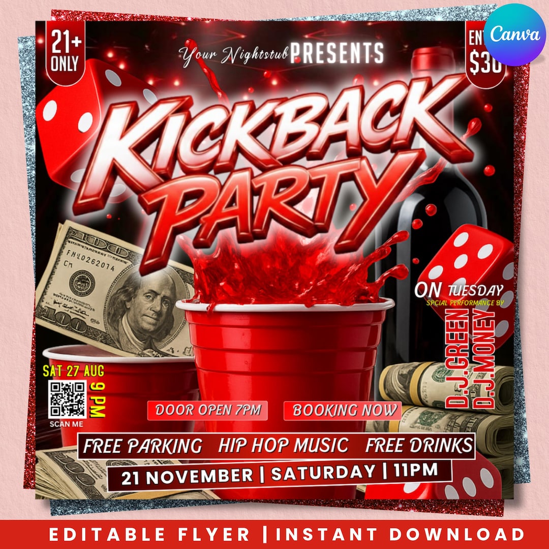 Kickback Party Flyer, Club DJ Event Invite, Canva Editable - Etsy