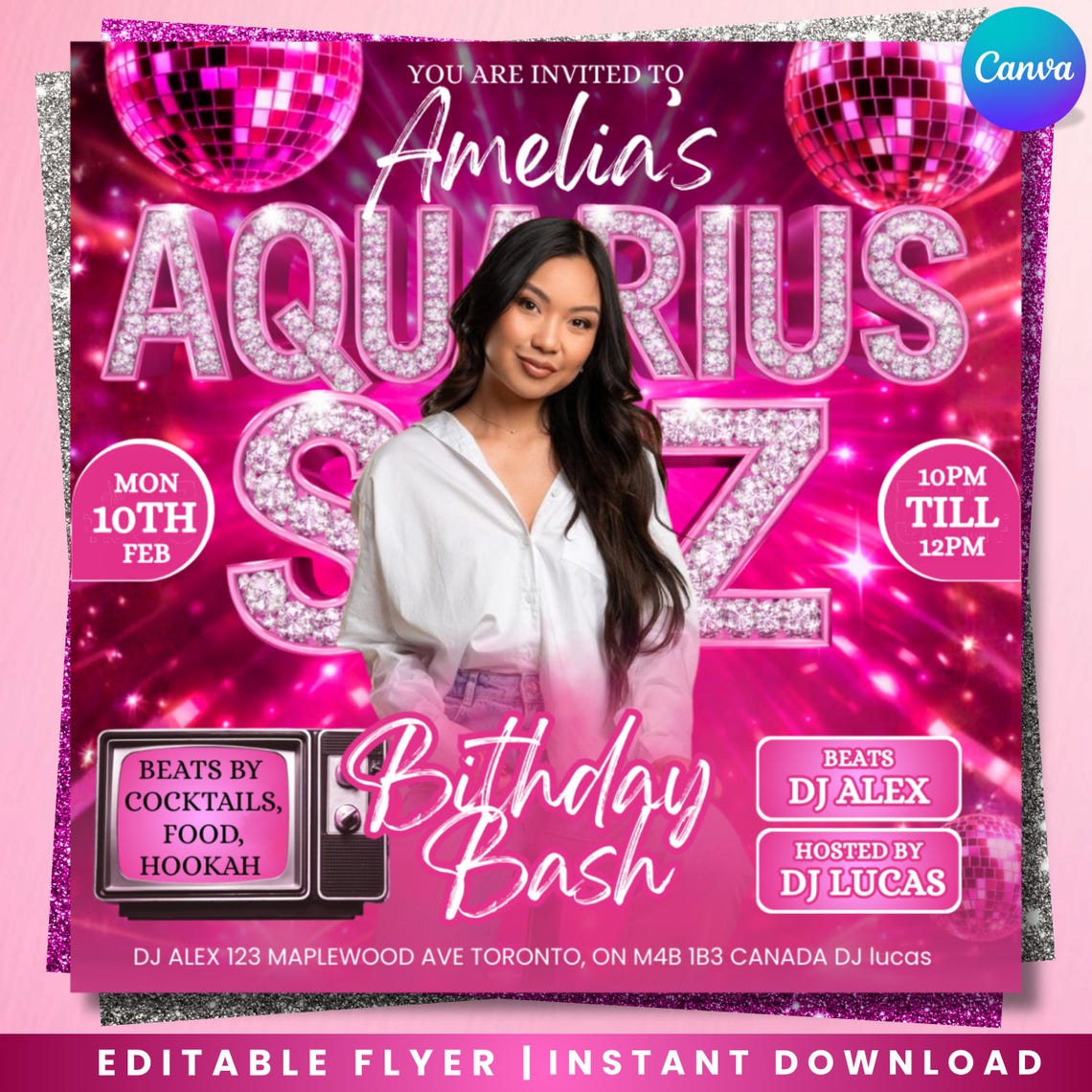 Aquarius Birthday Bash Flyer, DIY Canva Template (digital Download) - Etsy