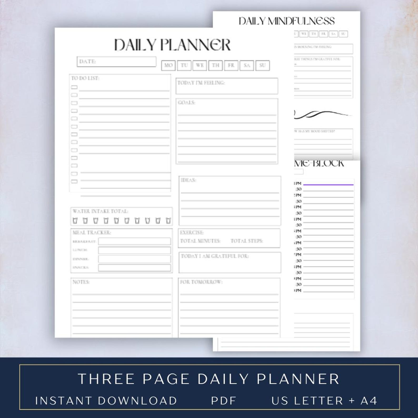 3 Page Daily Planner Printable | Goal Schedule Mindfulness Planner ...