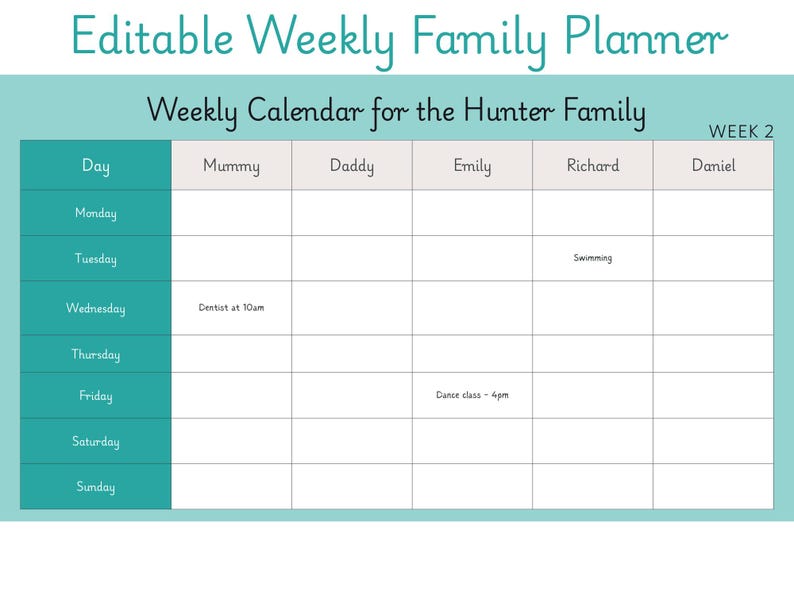 Family Weekly Calendar Planner Printable | Family Schedule A4 ...