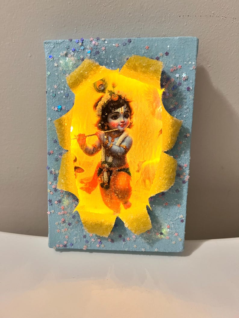 Krishna Canvas Art | Illuminated Pooja Room Decor (4x6 Inches) - Etsy