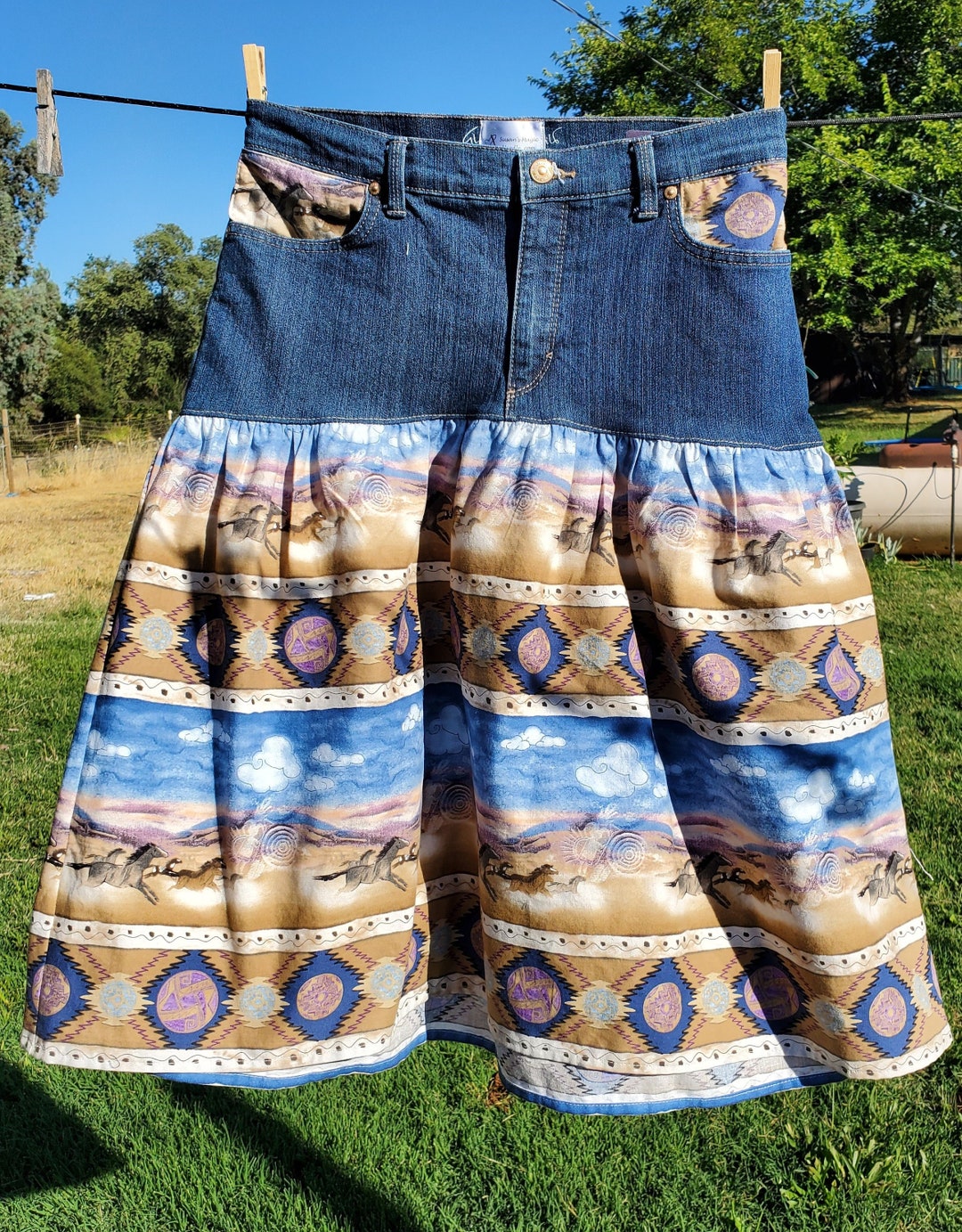 Pretty Southwestern Style Denim Upcycled Skirt With Running Horses ...