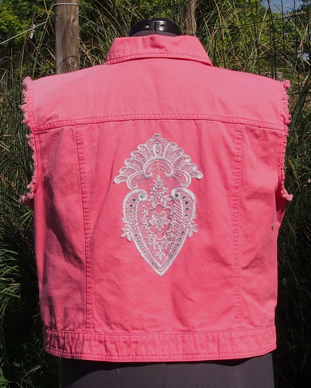Sparkly Pink Salmon-colored Jean Jacket Vest With Feminine Lace ...