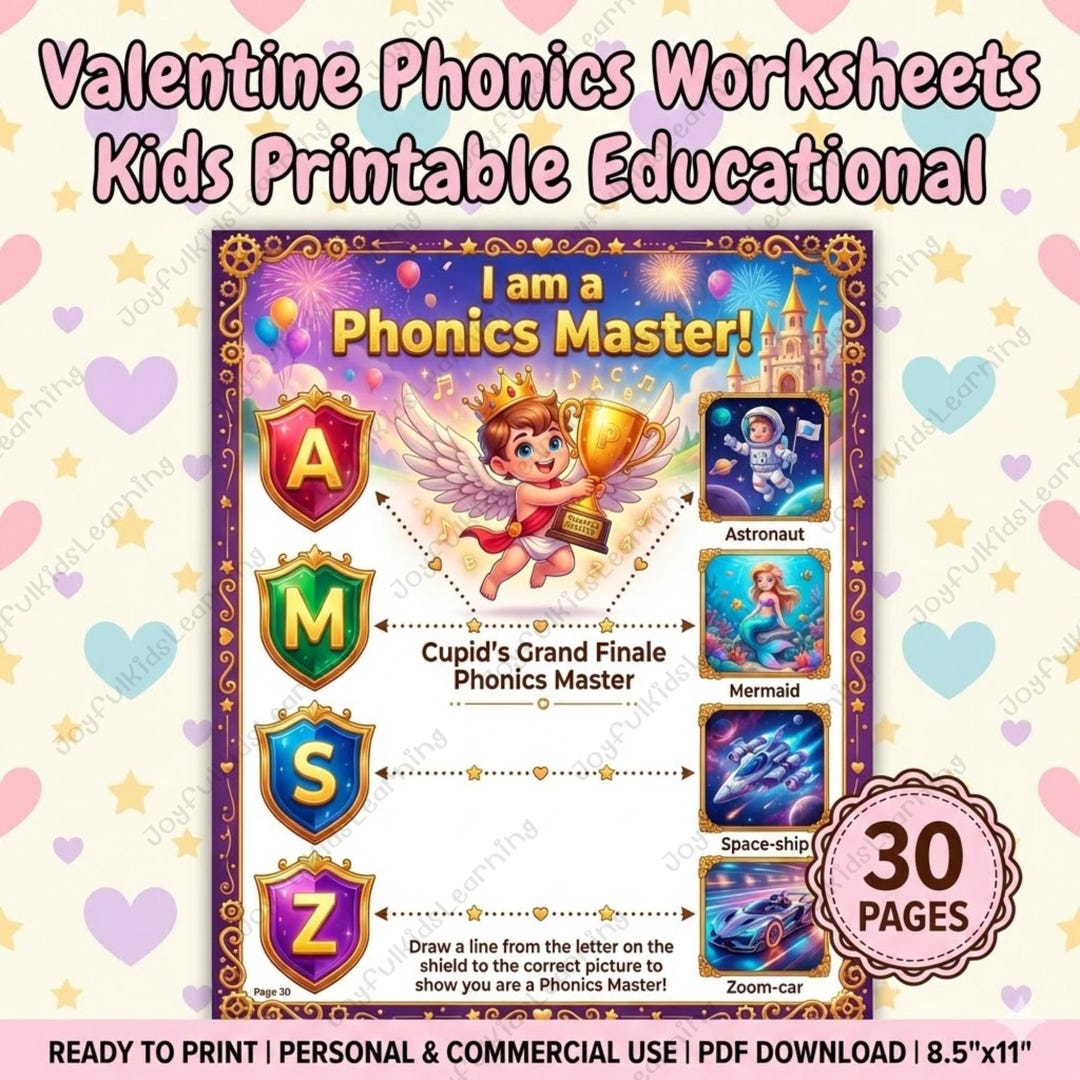 30 Valentine Phonics Worksheets, Cupid Beginning Sounds Matching ...