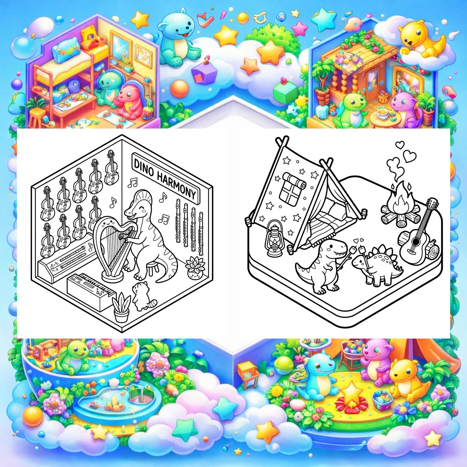 Valentine Dino Friend Coloring Pages for Kids | Isometric Style ...