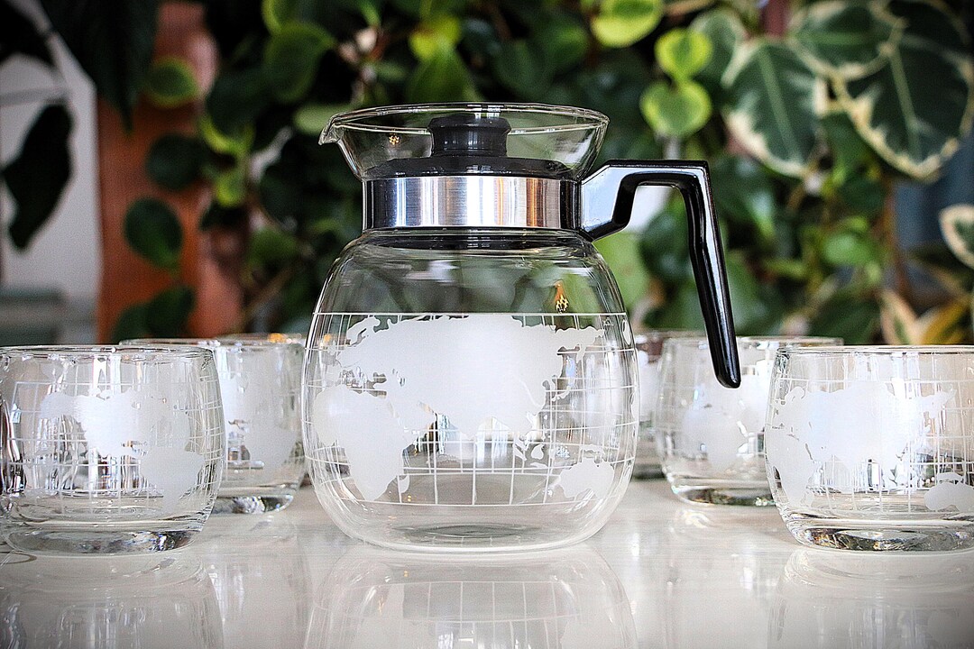 RARE Nescafé Globe Set NOS | Carafe + 6 Cups | New 1970 | Frosted Glass ...