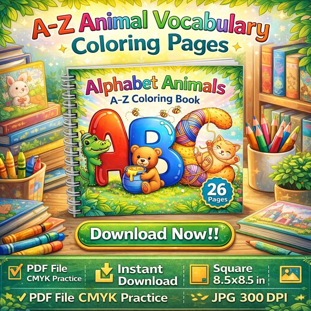 26 Alphabet Animals A–Z Coloring Book | Cute Animal Vocabulary Coloring ...