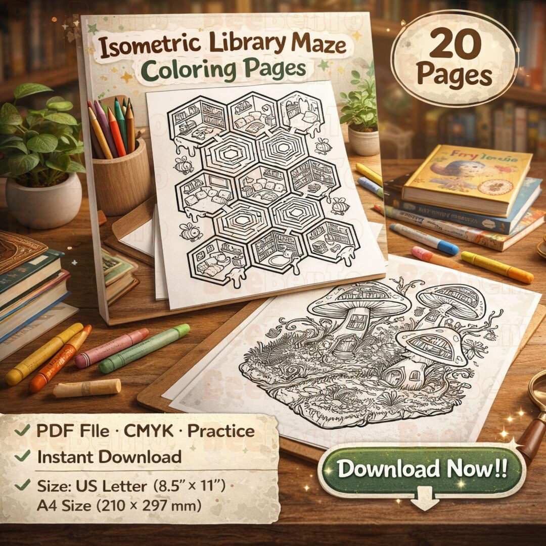 Isometric Library Maze Coloring Pages | Brain Teasers (PDF) - Etsy