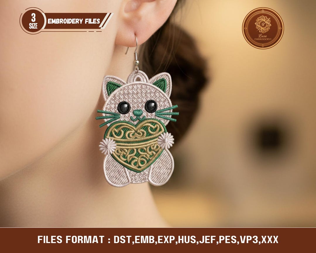 FSL Valentine Cat Earrings Machine Embroidery Design File, Freestanding ...