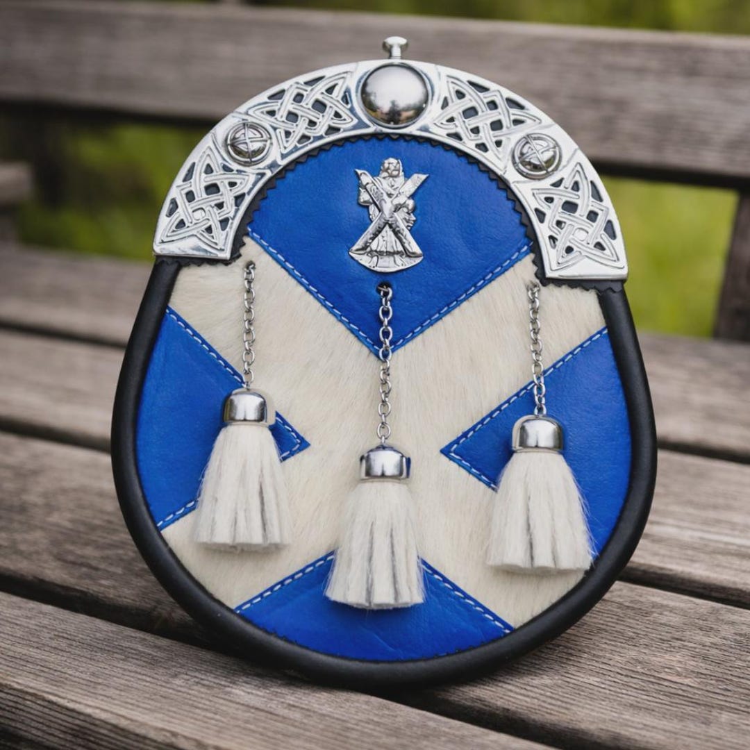 Blue Leather Celtic Cantle Kilt Sporran With White Fur Front and Three ...
