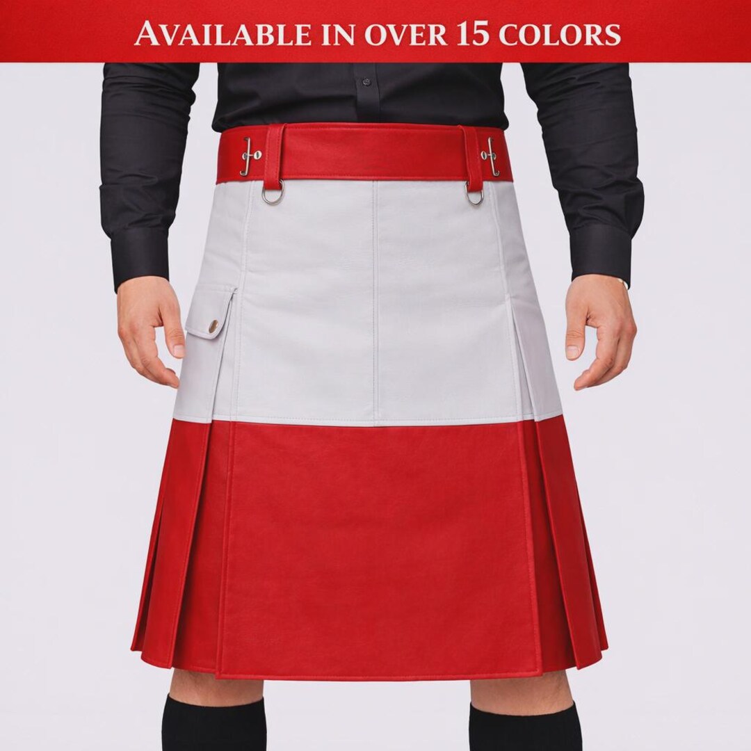 Red & White Leather Utility Kilt for Men – Modern Scottish Hybrid ...