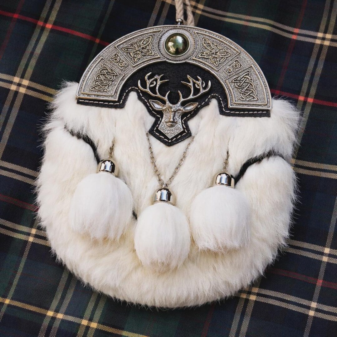 White Rabbit Fur Kilt Sporran With Celtic Cantle and Stag Head Badge ...