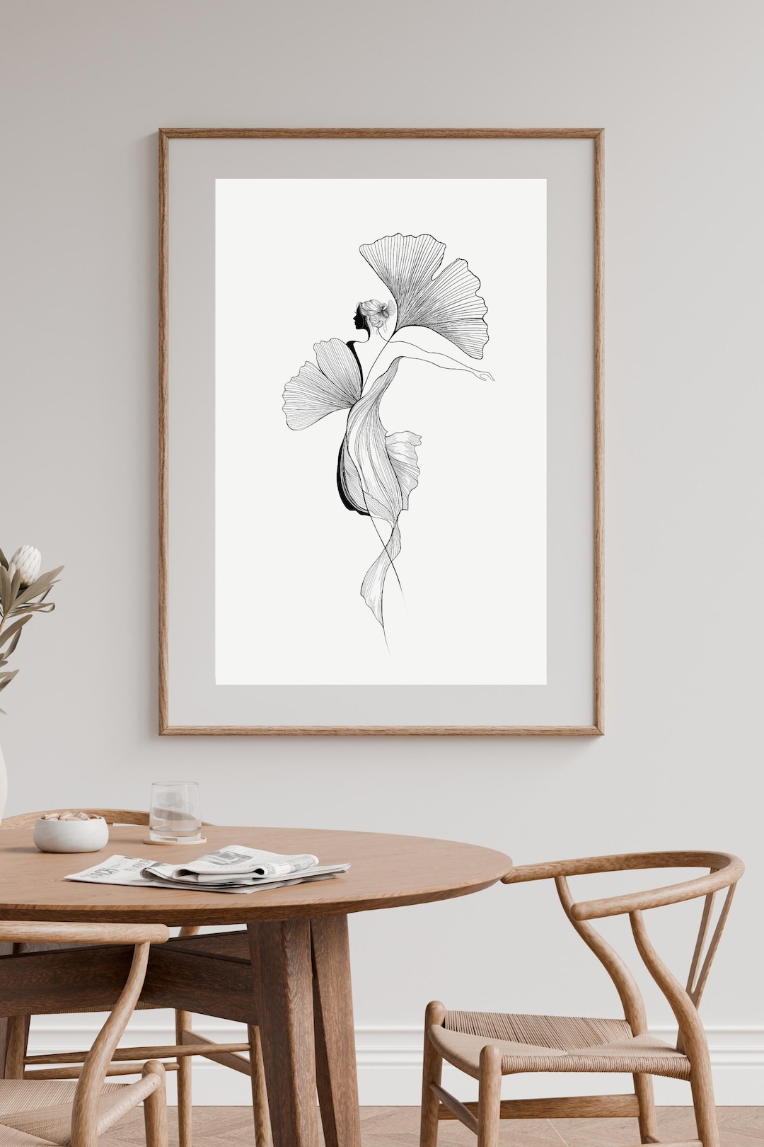 Ginkgo Leaf Female Line Art Print | Botanical Abstract Woman Drawing ...
