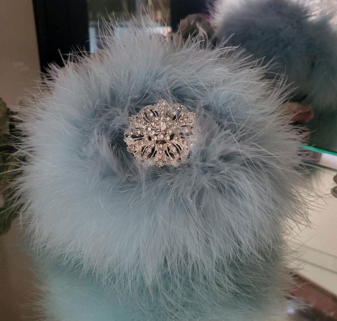 LARGE Soft Powder Blue Puff Down Feather Trimmed White Faux Fur Puff ...