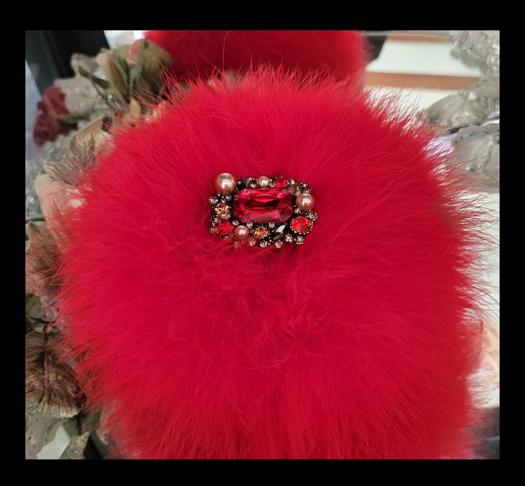Harlot Red Down Feather Trimmed Puff With Rhinestone Embellished ...