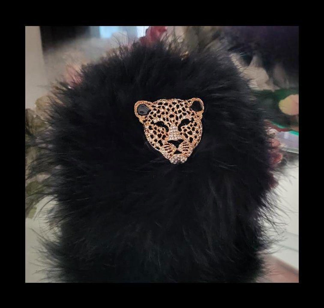 Body Dusting Powder Puff ~ Cream Fur Puff Black Marabou Trim ~ Leopard ...