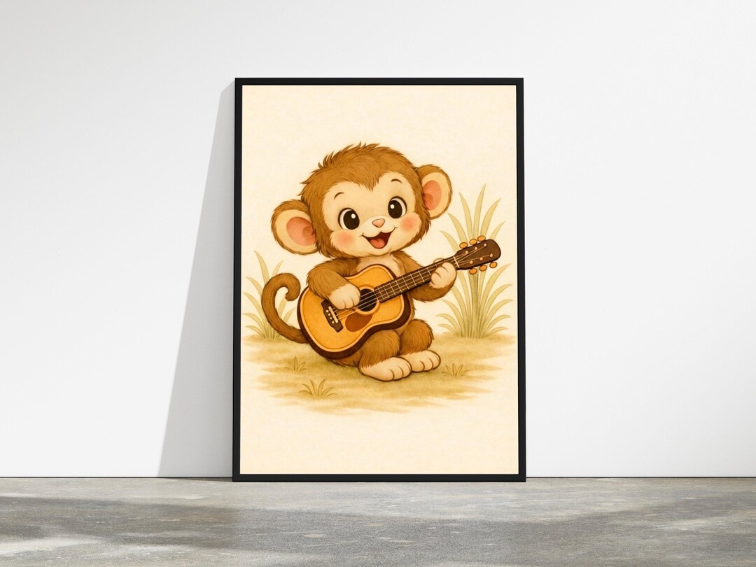 Monkey Acoustic Guitar Art Print | Kids Music Room Decor (digital ...