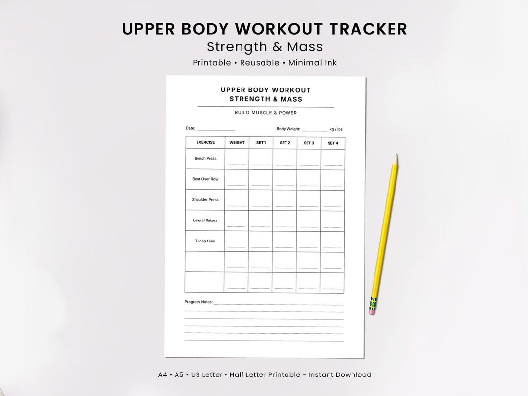 Upper Body Workout Tracker Printable for Gym Workouts to Track Strength ...
