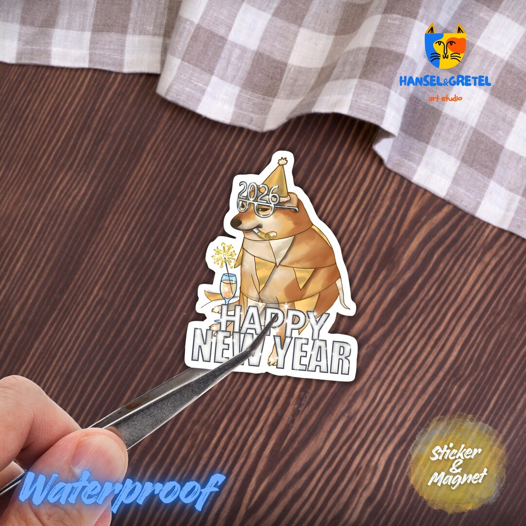 Funny Cheems Happy New Year 2026 Sticker, Dog Meme Vinyl Decal ...
