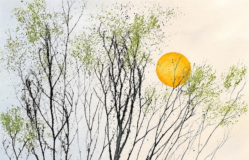 Minimalist Tree Print | Japandi Botanical Wall Art, Red Sun (digital ...
