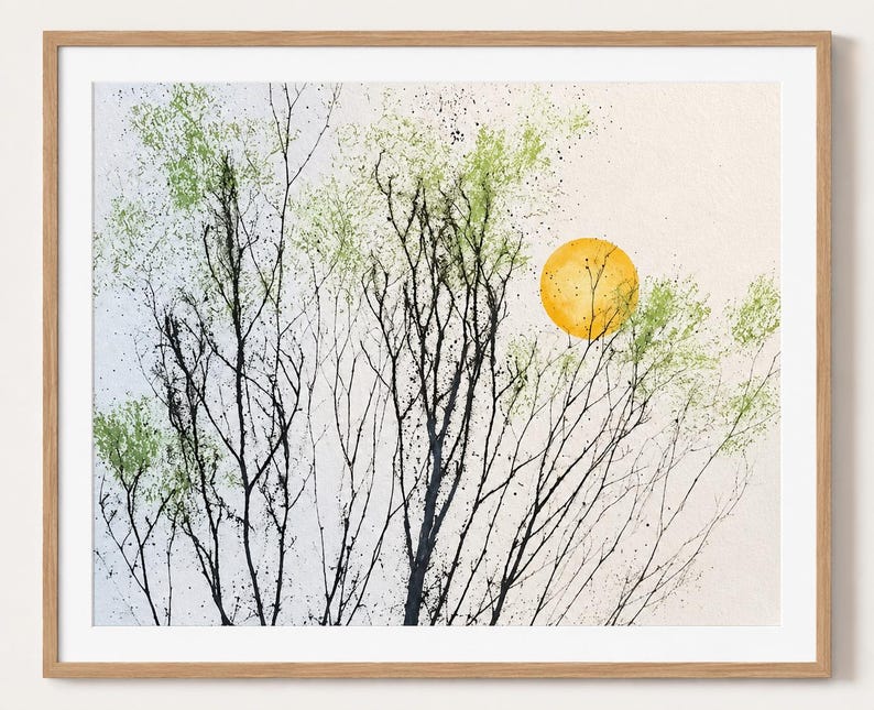 Minimalist Tree Print | Japandi Botanical Wall Art, Red Sun (digital ...