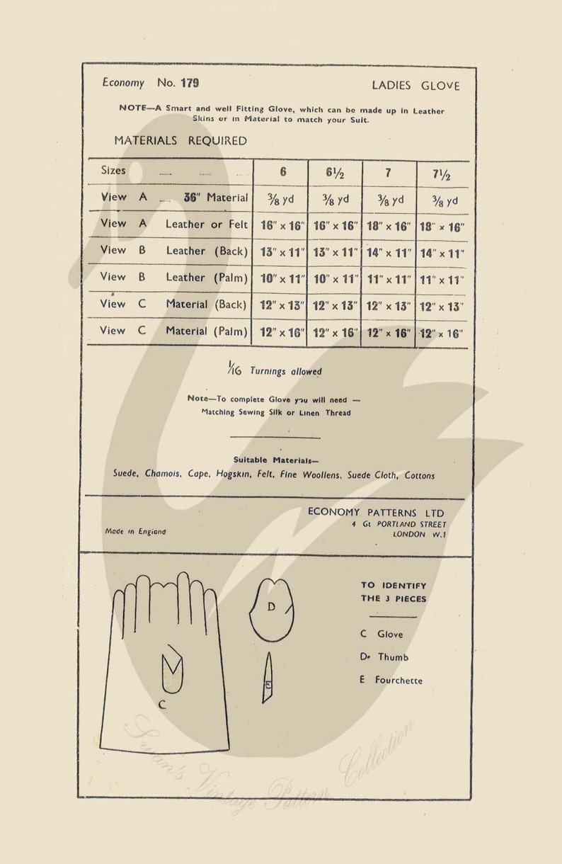 Reproduction ED179 Ladies Gloves Sewing Pattern Size 6 - 8 All Sizes ...