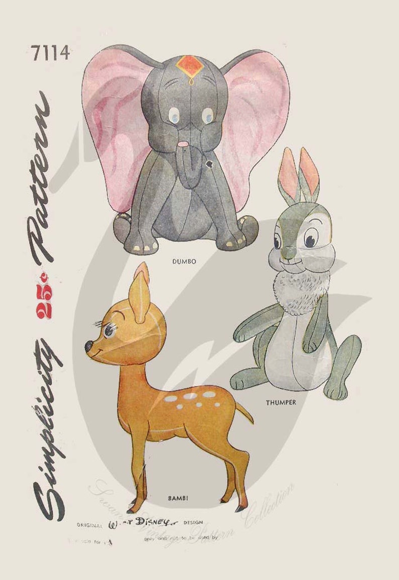 Reproduction Vintage Bambi, Thumper & Dumbo Stuffed Toy Sewing Pattern ...
