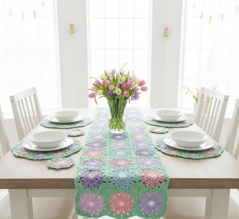 Floral Granny Square Table Runner & Placemat Set Crochet Pattern ...