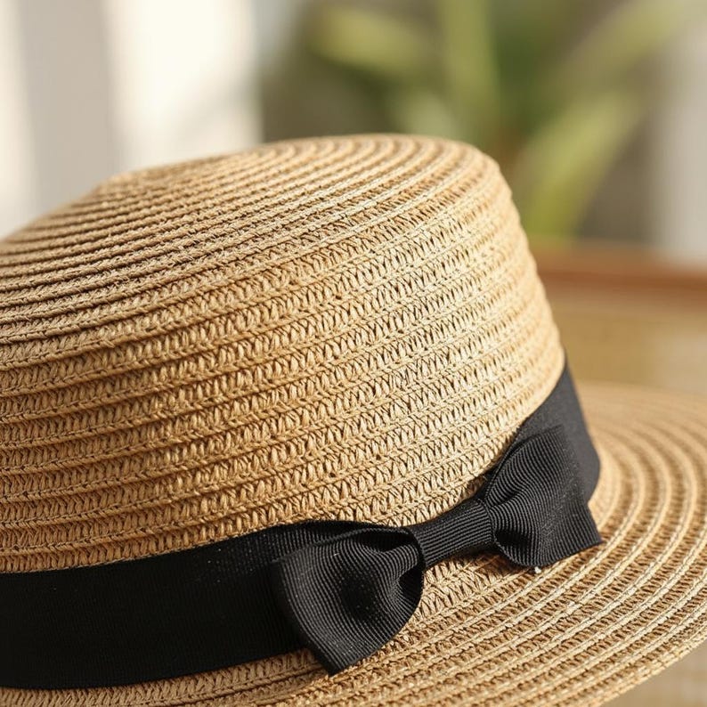 Vintage Flat Top Straw Hat for Women, Classic Bow Detail Summer Boater ...