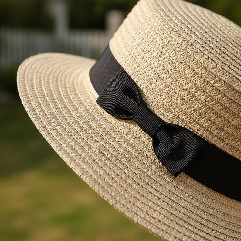 Vintage Flat Top Straw Hat for Women, Classic Bow Detail Summer Boater ...