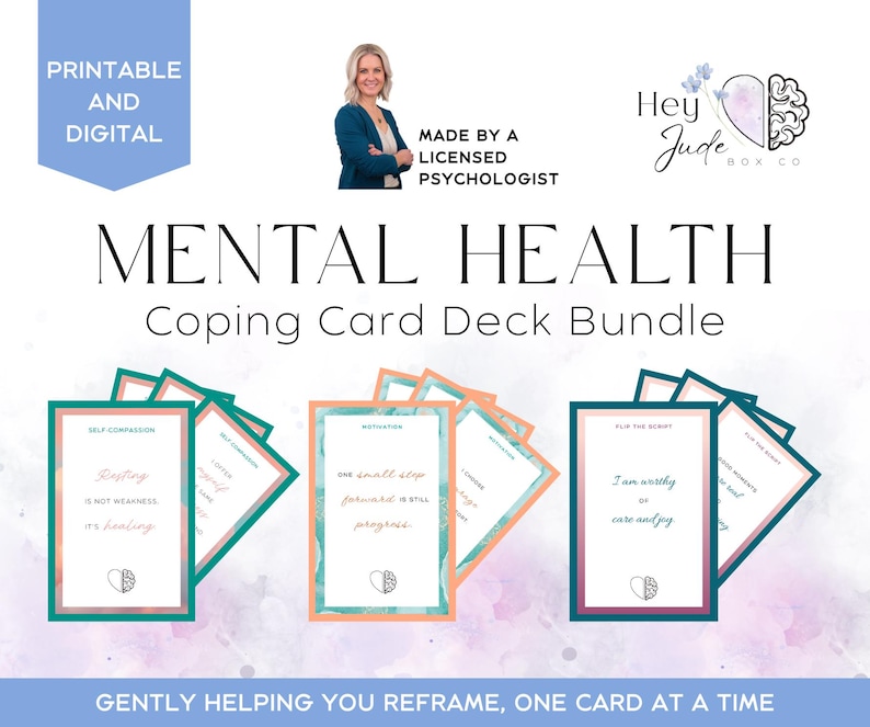 Mental Health Coping Card Deck Bundle: Self-compassion, Motivation, CBT ...