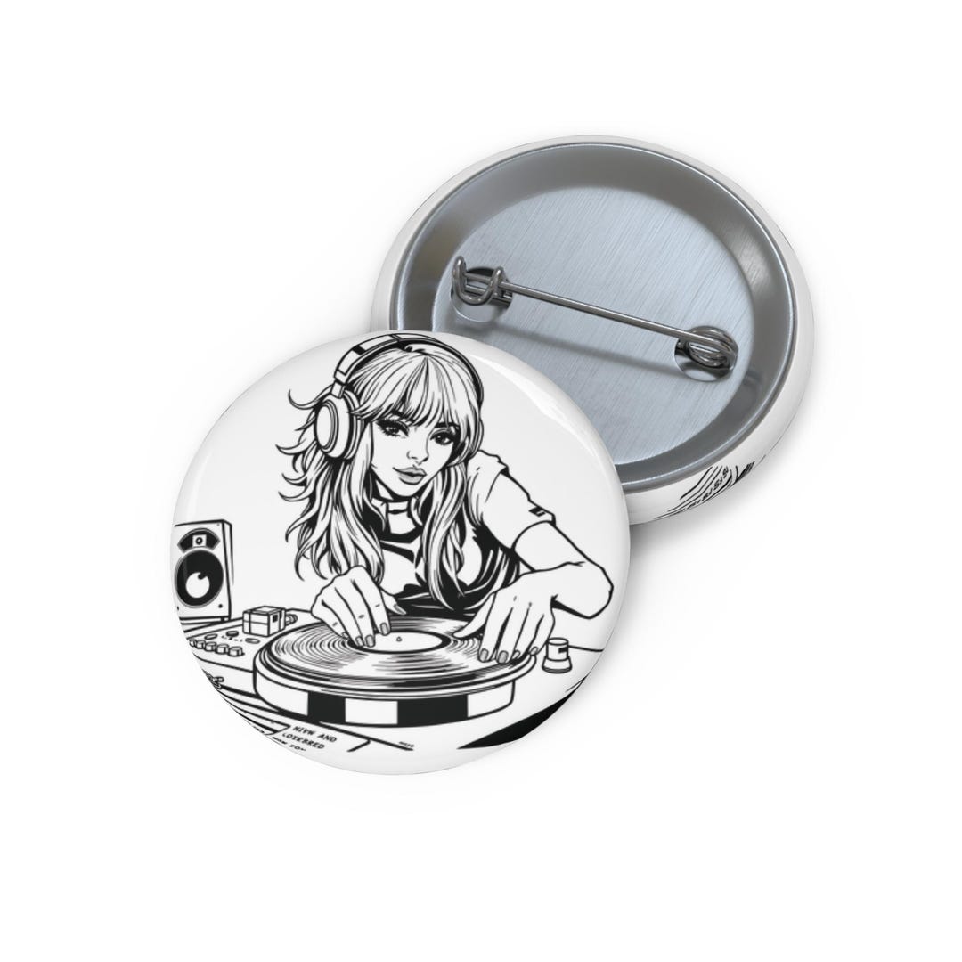 Female DJ Illustration Pin Button | Music Turntable Badge - Etsy