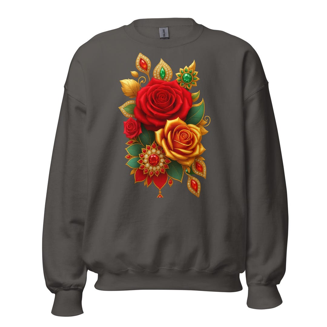 Rose Gold Sweatshirt – Elegant Rose Motif in Red and Gold – Unisex ...