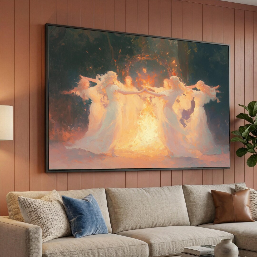 Enchanted Firelight Dance, Women in White Dresses Canvas, Mystical ...