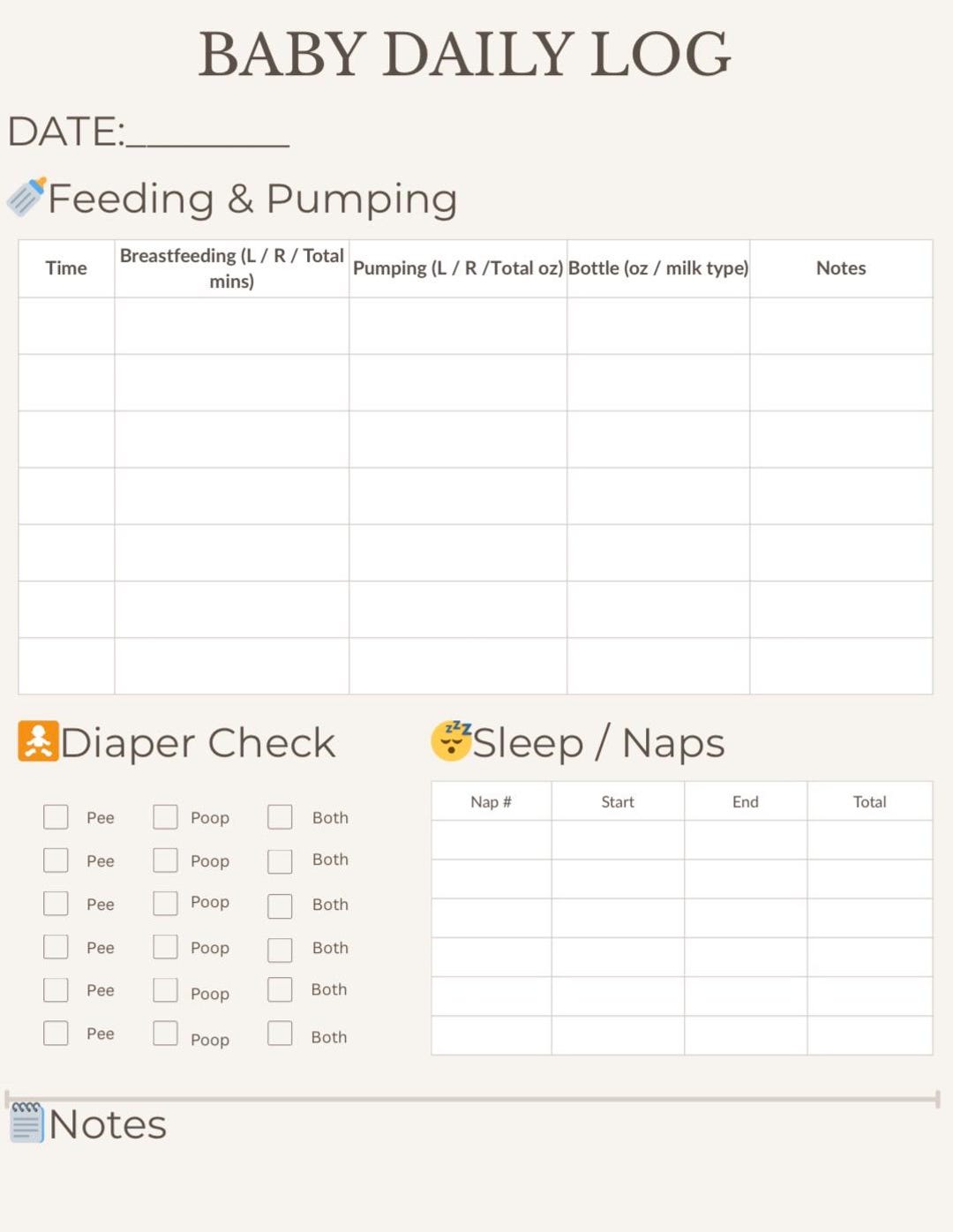 Baby Daily Log Printable and Editable PDF | Feeding Pumping Diaper ...