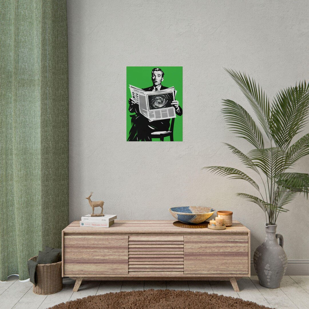 Shocked Man Reading Newspaper Poster | Retro Pop Art, Green Background ...