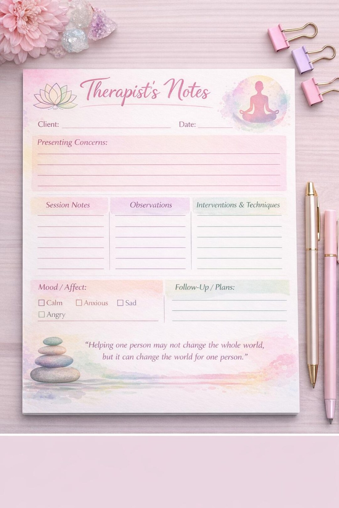 Pastel Therapist Notes Notepad | Printable 8x10 Therapy Session Planner ...