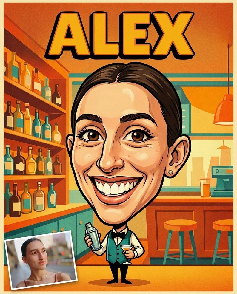 Custom Bartender Caricature Portrait, Personalized Mixologist Gift ...