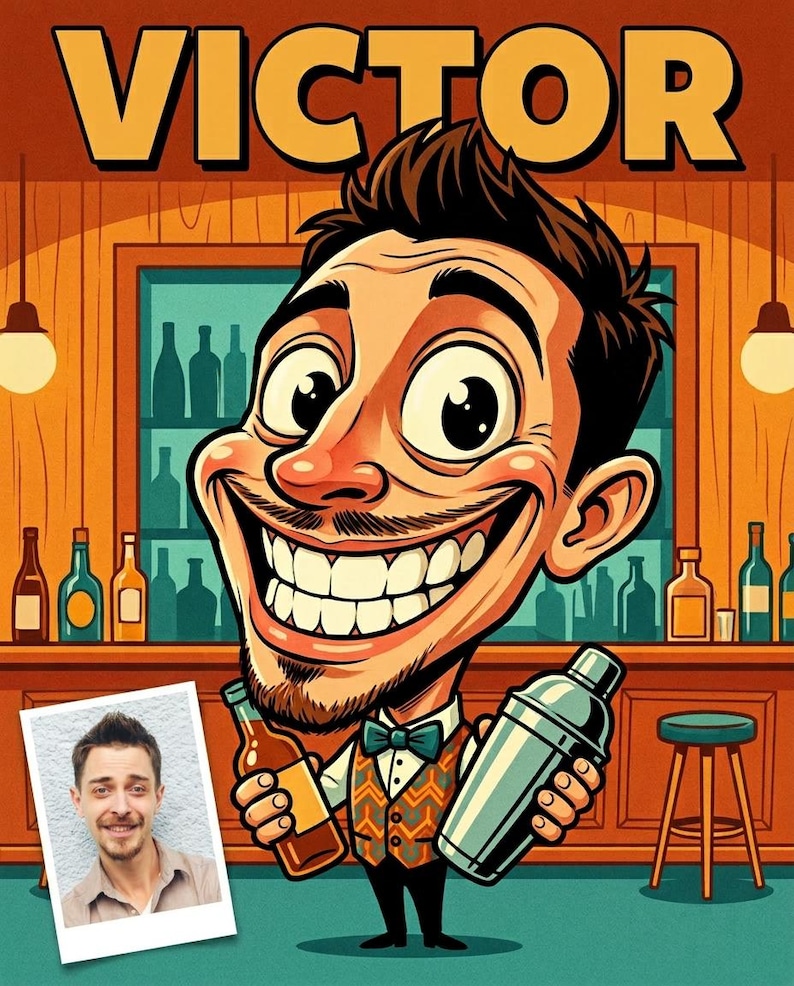 Custom Bartender Caricature Portrait, Personalized Mixologist Gift ...