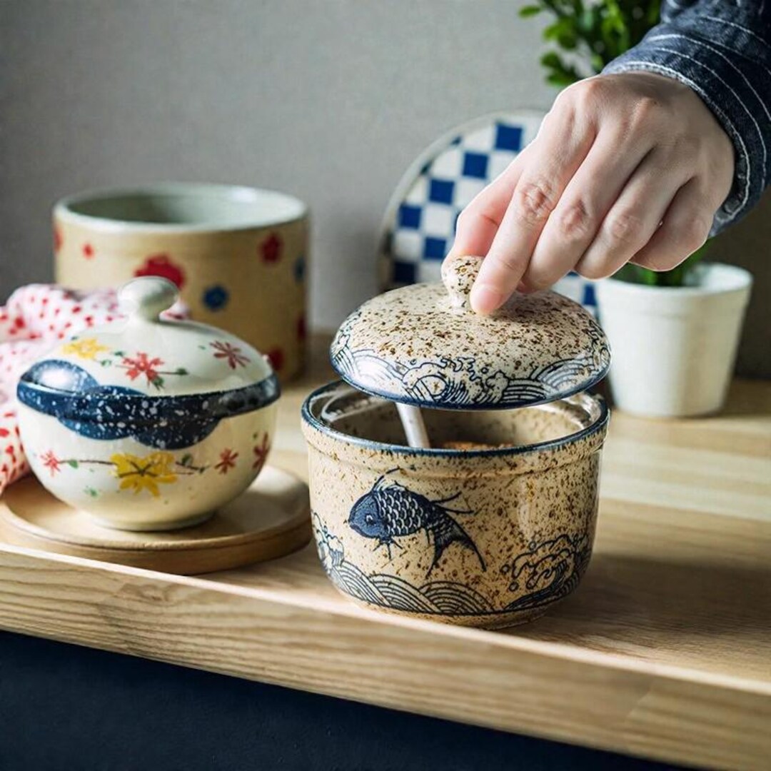 Ceramic Spice Jar With Lid and Spoon Japanese Style Seasoning Container ...