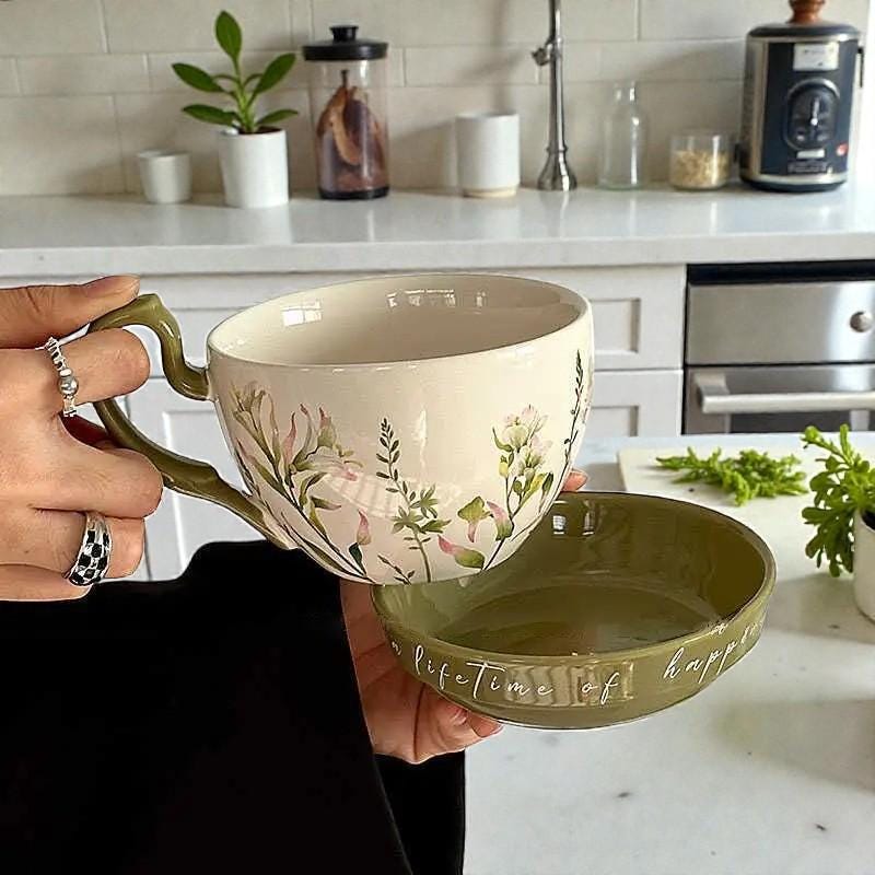 Large Ceramic Breakfast Mug Set Retro Farmhouse Coffee Cup With Lid - Etsy