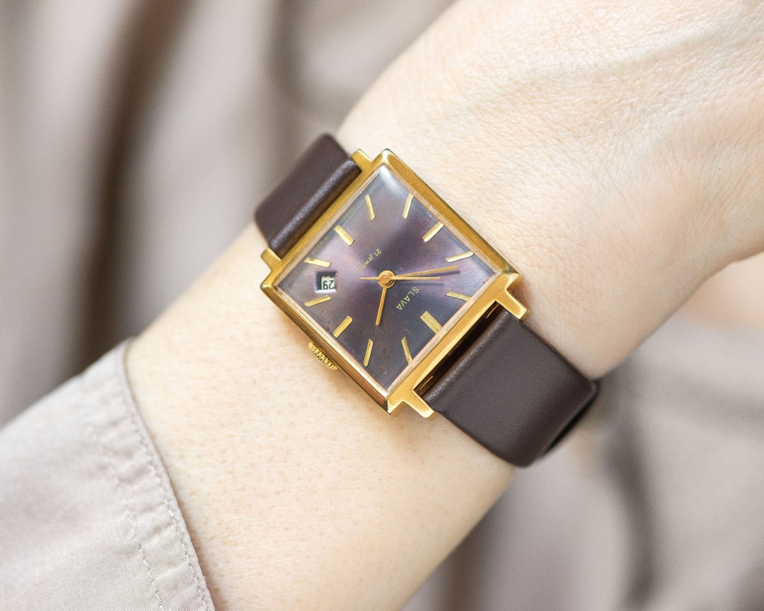 Square Unisex Watch Chocolate Brown Glory Gold Plated Watch - Etsy