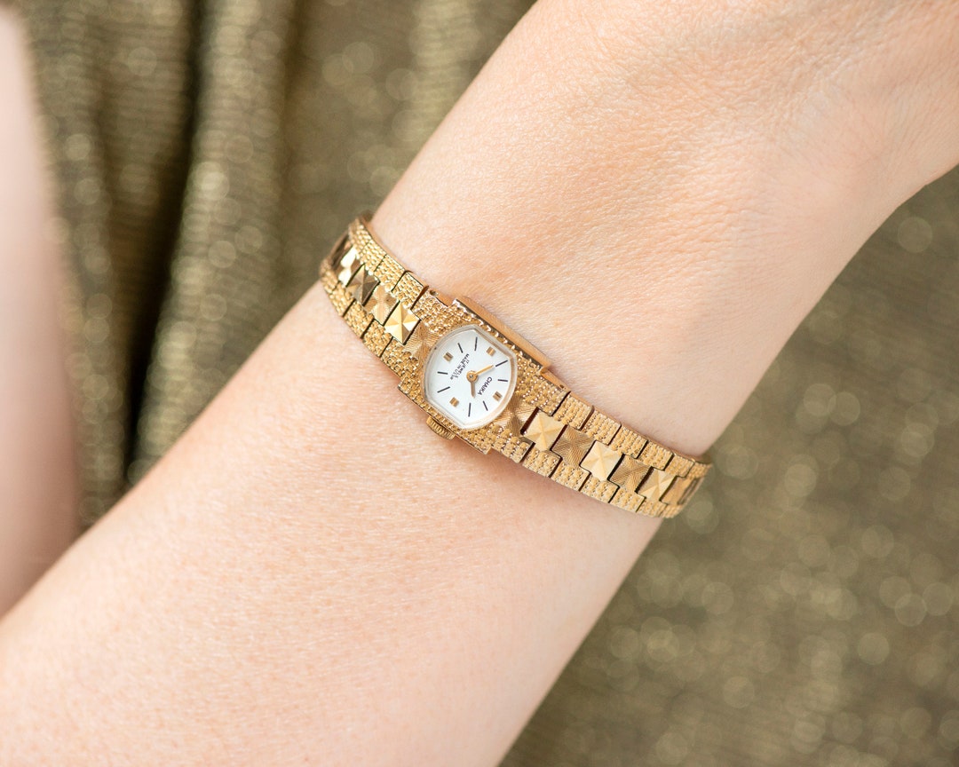 Gold Plated Cocktail Watch for Women Seagull, Vintage Ladies Watch for Parties White Dial Posh ...