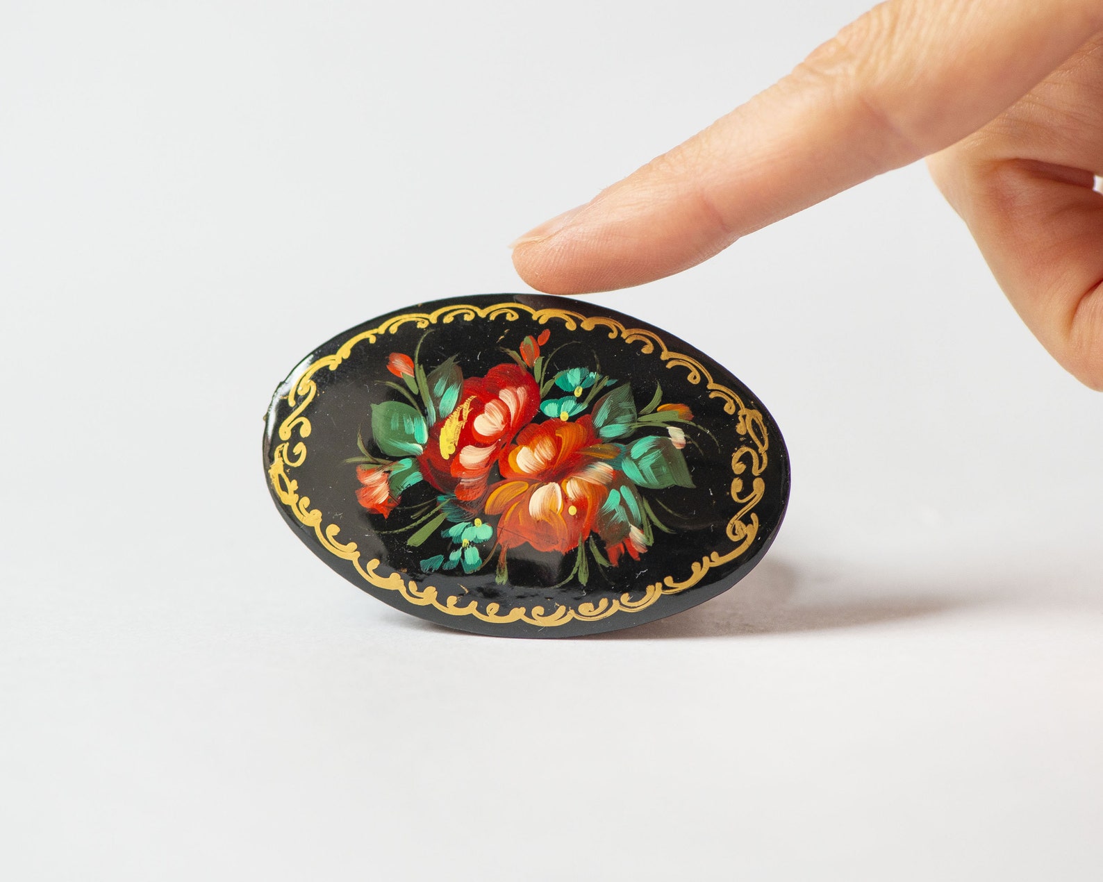 Lacquer Brooch Russian Hand Painted, Flowers Wooden Black Brooch, Red ...