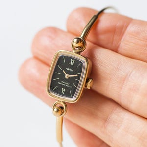 Black Cocktail Wristwatch Women Tiny Bracelet Gold Plated Seagull, Evening Watch Minimalist ...