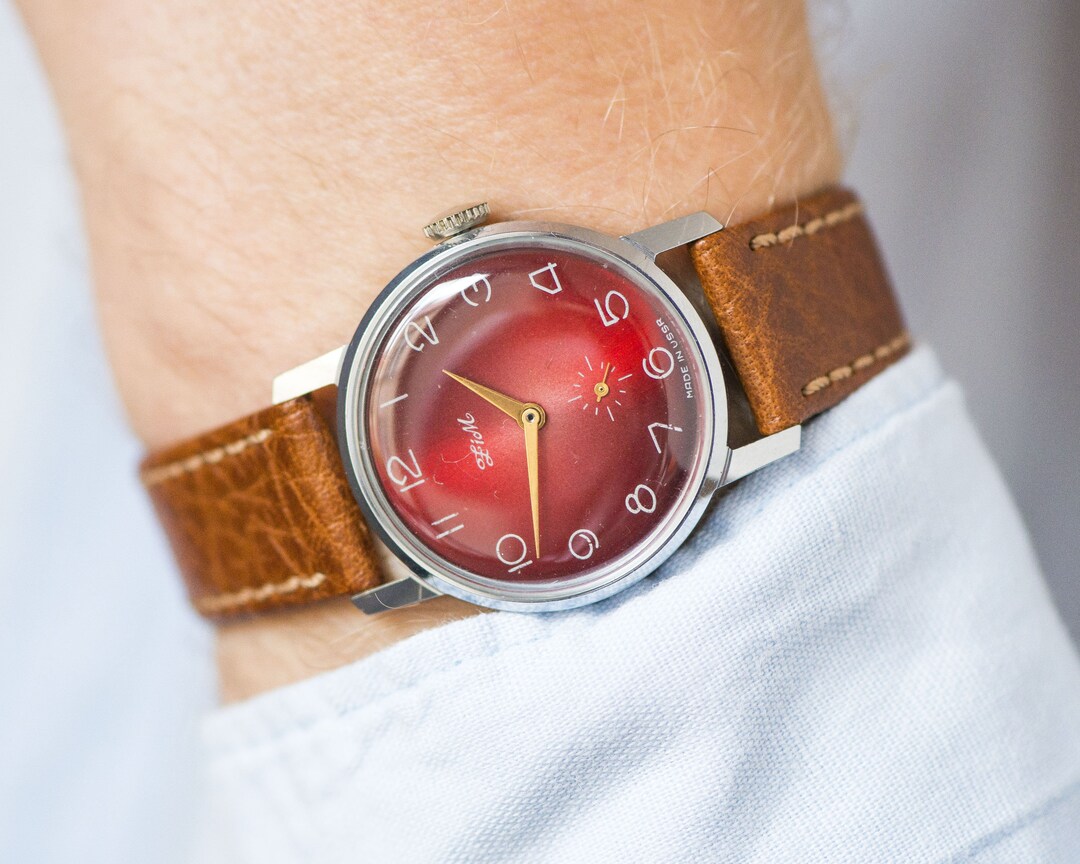 Burgundy Dial Men's Watch Vintage, Tomboy Wristwatch Round Case ZIM ...