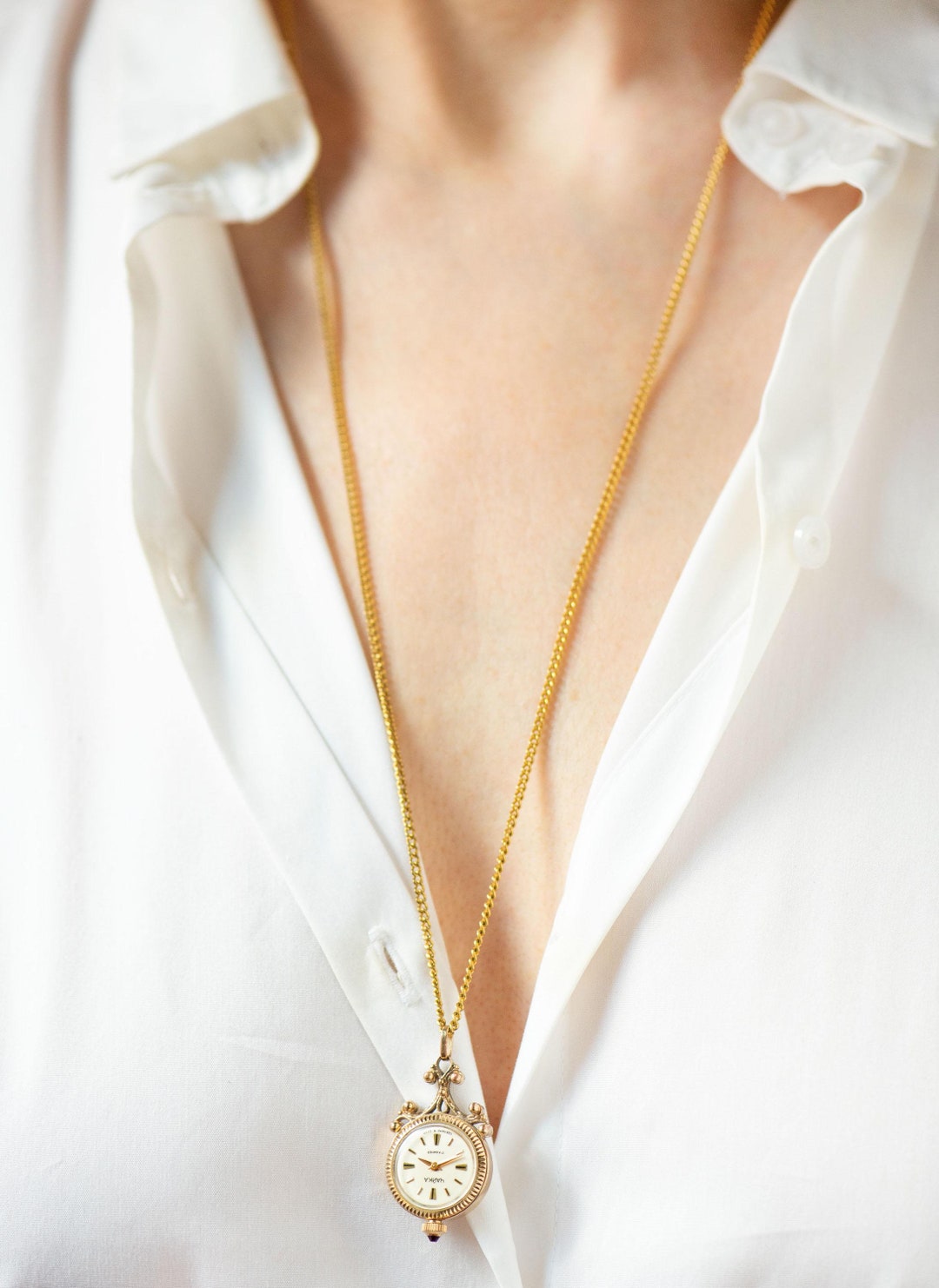 Floral Pendant Watch Women's Watch Necklace Seagull Gold Plated ...