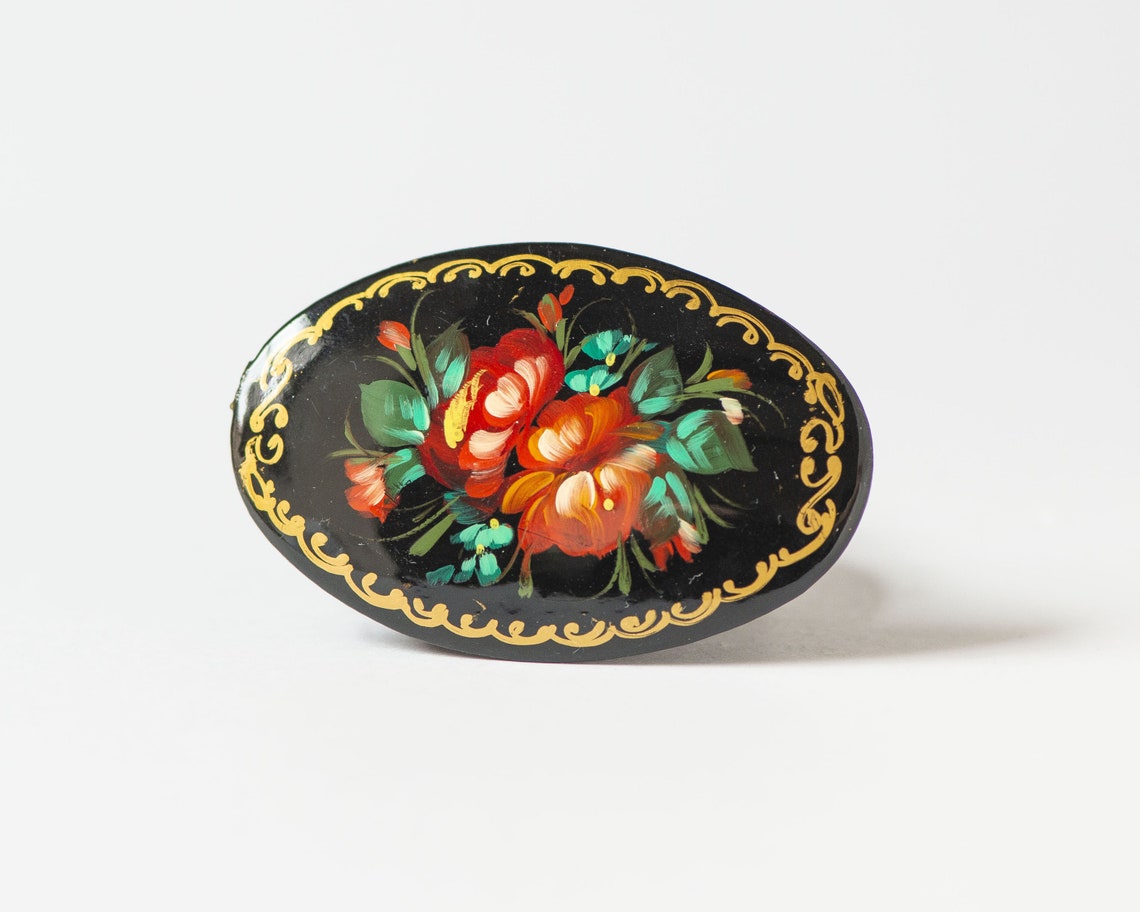 Lacquer Brooch Russian Hand Painted, Flowers Wooden Black Brooch, Red ...