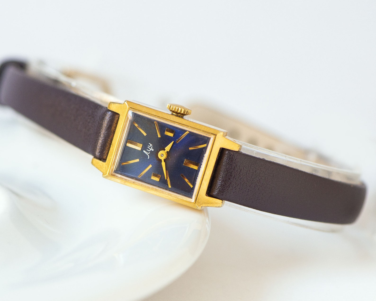 Small Women Watch Rectangular Ray Gold Plated, Navy Blue Dial Women ...
